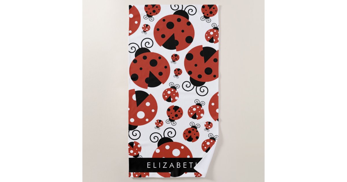 Pattern Of Ladybugs, Red Ladybugs, Your Name Beach Towel | Zazzle