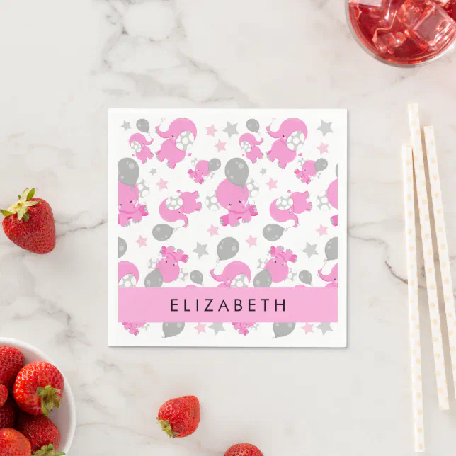 Pattern Of Pink Elephants, Stars, Your Name Napkins | Zazzle