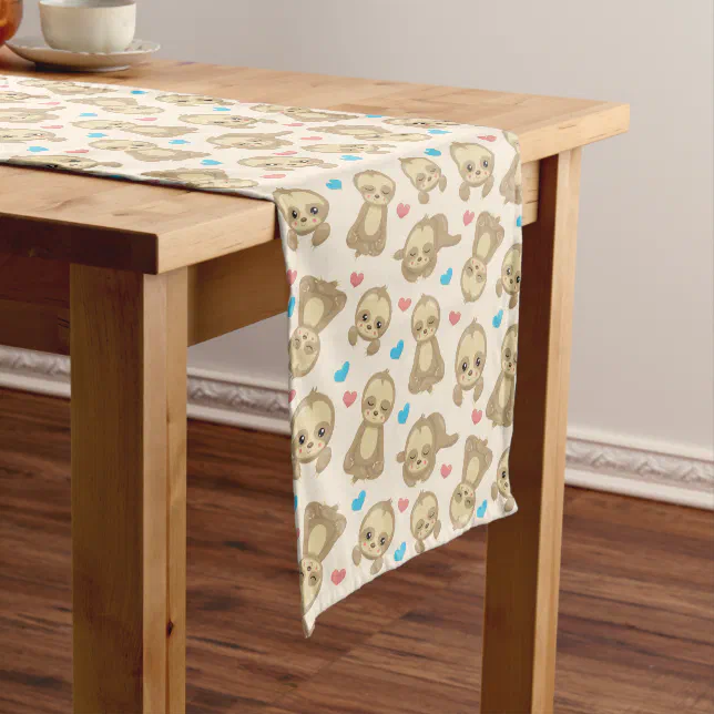 Pattern Of Sloths, Cute Sloths, Hearts Medium Table Runner | Zazzle