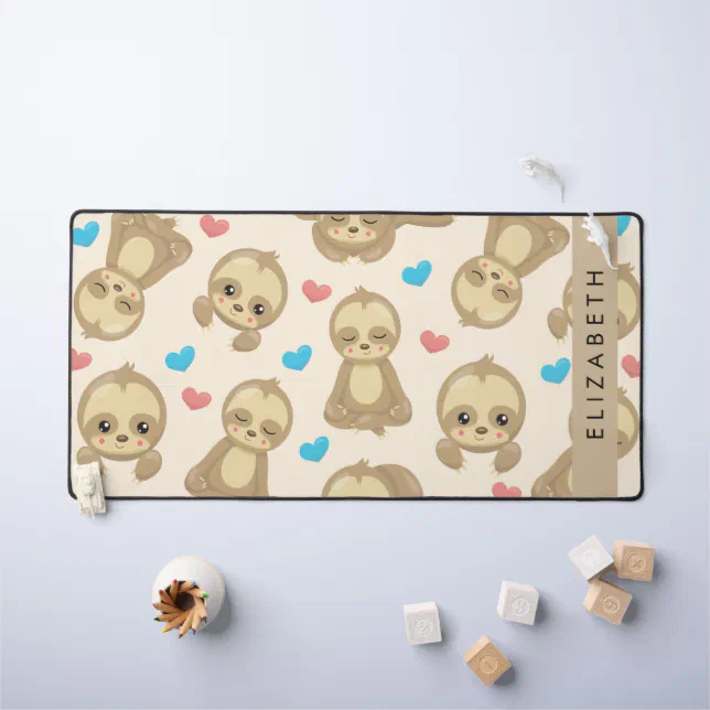 Pattern Of Sloths, Cute Sloths, Hearts, Your Name Desk Mat | Zazzle