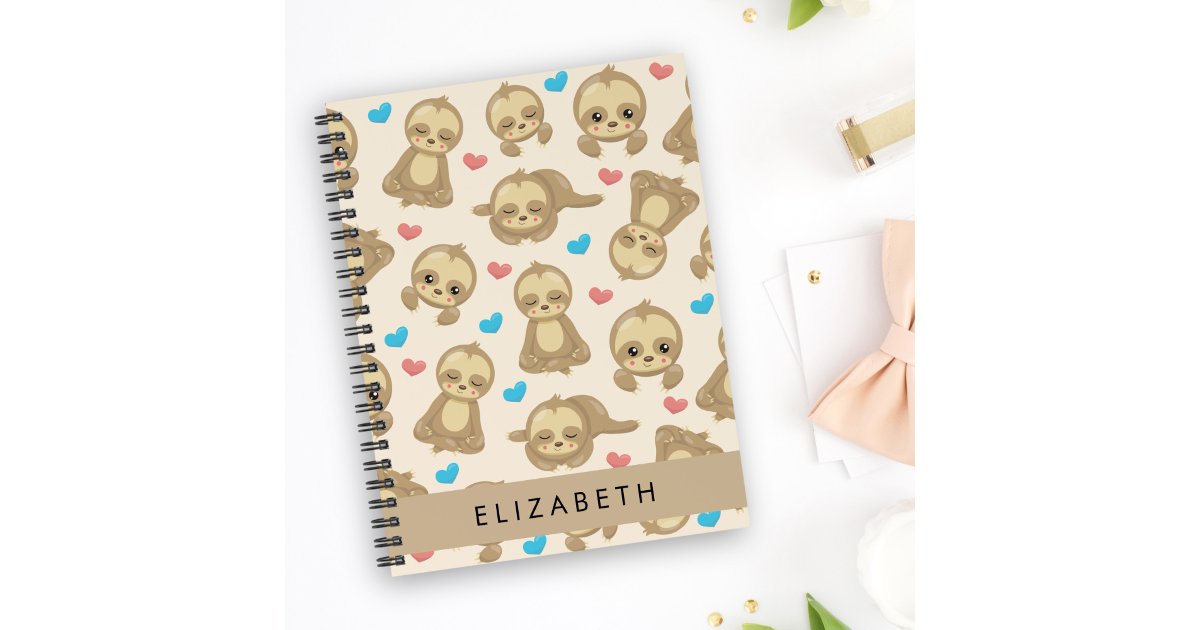 Pattern Of Sloths, Cute Sloths, Hearts, Your Name Notebook | Zazzle
