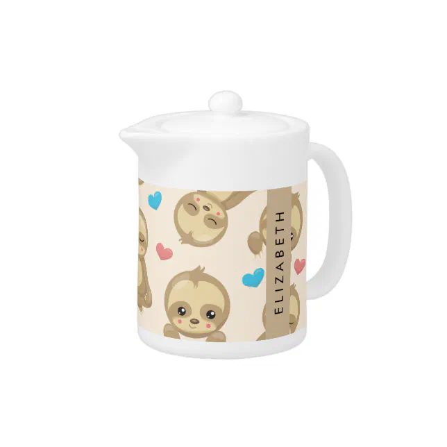 Pattern Of Sloths, Cute Sloths, Hearts, Your Name Teapot | Zazzle