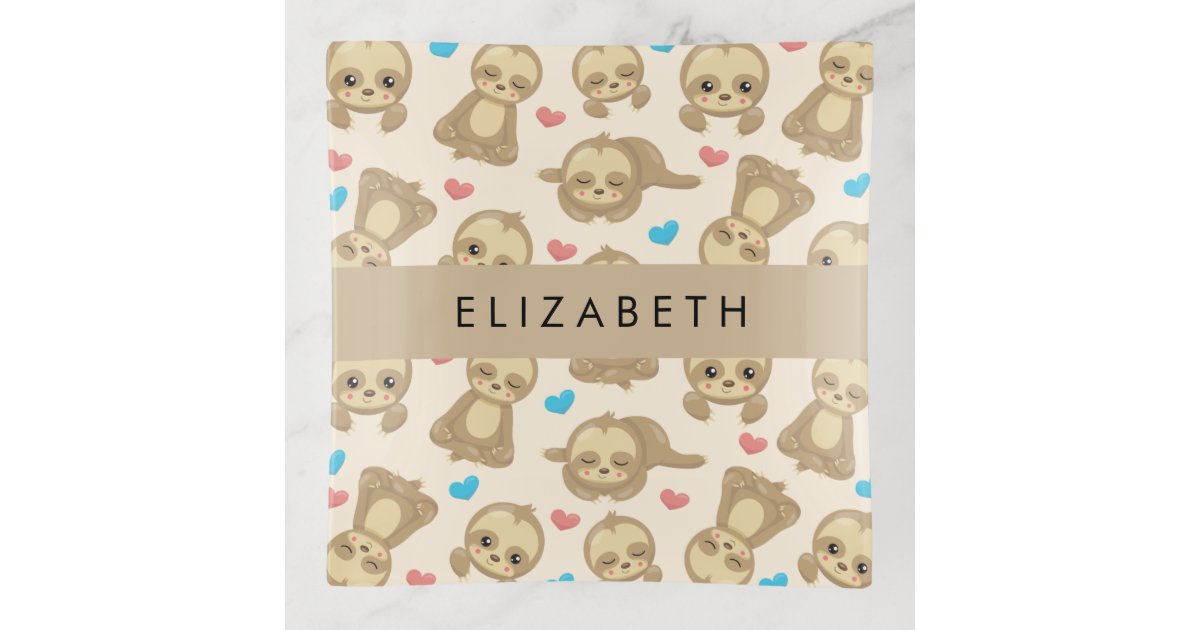 Pattern Of Sloths, Cute Sloths, Hearts, Your Name Trinket Tray | Zazzle