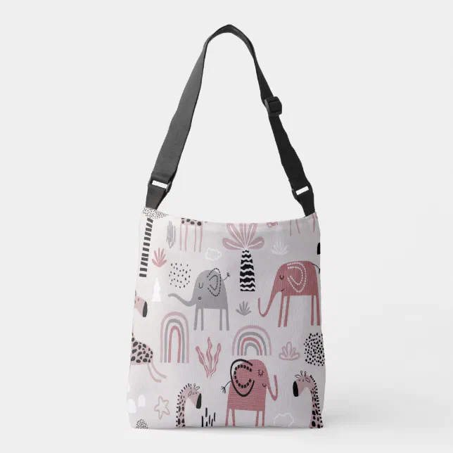 pattern with cute elephants and giraffes giant crossbody bag | Zazzle