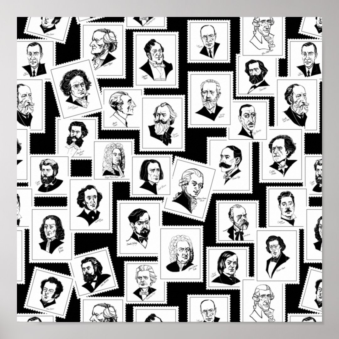 Pattern with portraits of the greatest composers poster | Zazzle