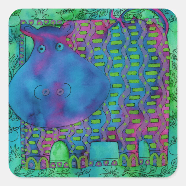 Patterned Hippo Square Sticker | Zazzle