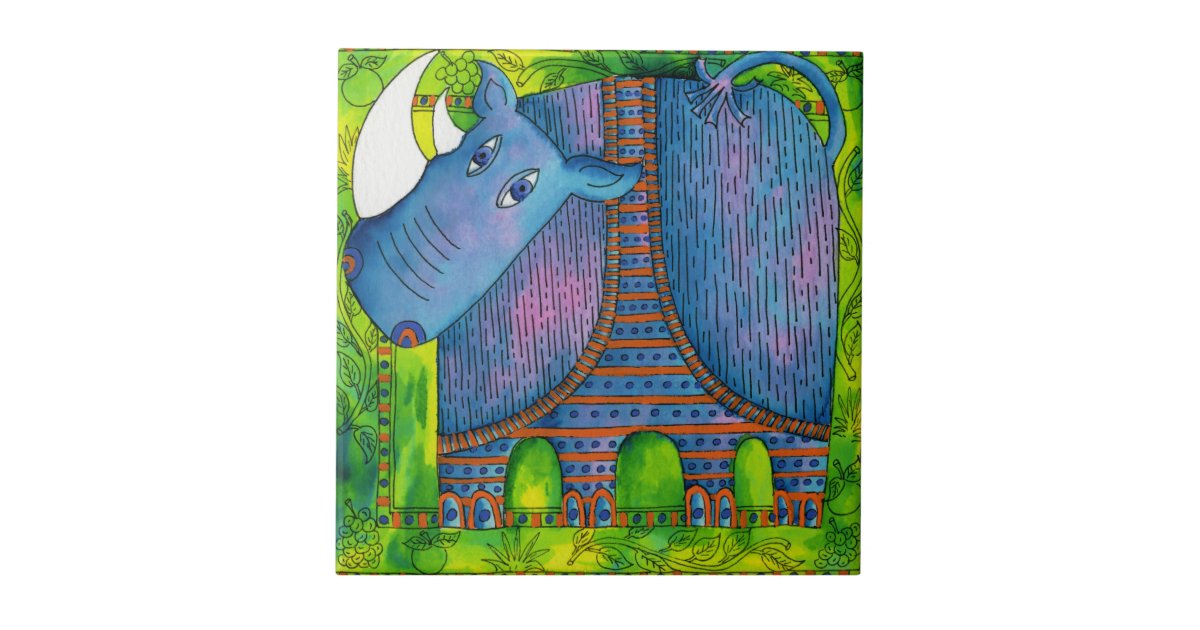 Patterned Rhino Watercolour Illustration Ceramic Tile | Zazzle