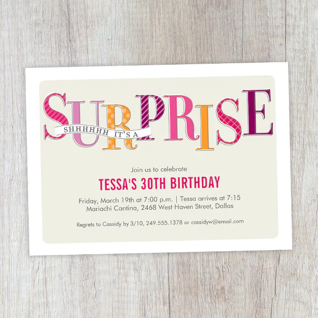 Patterned Surprise Party Invitation in Pink | Zazzle