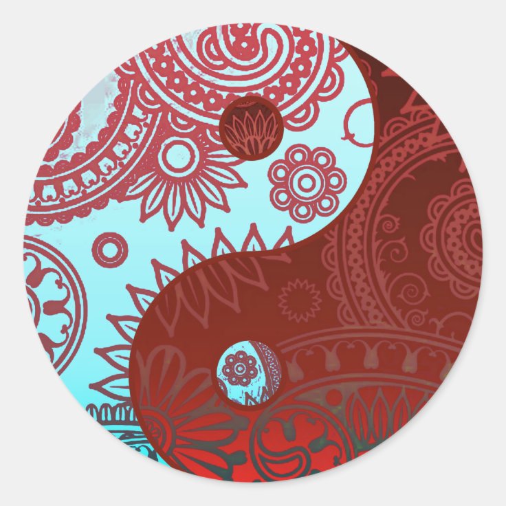 Patterned Yin Yang Red and Blue Classic Round Sticker | Zazzle