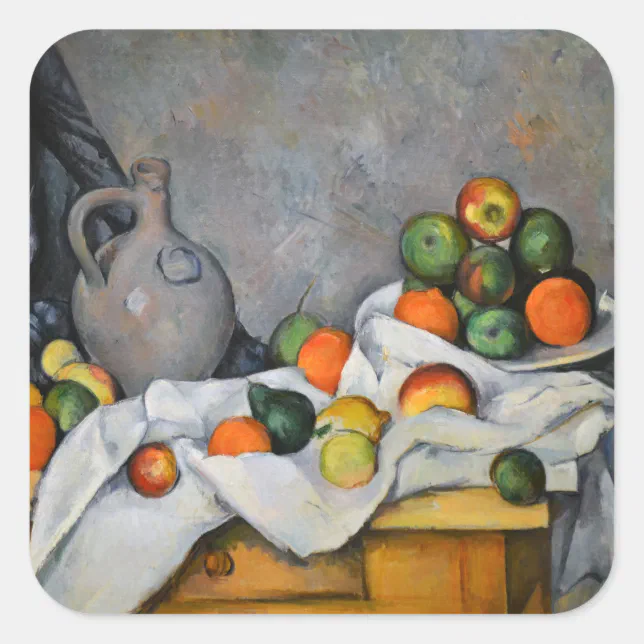 Paul Cezanne - Curtain, Jug and Fruit Bowl Square Sticker | Zazzle