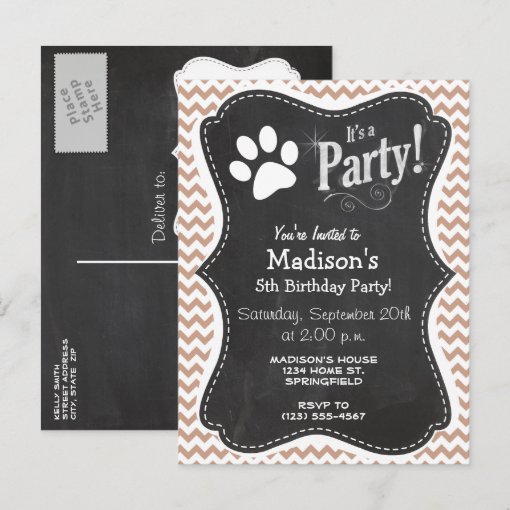 Paw Print; Brown Chevron Invitation Postcard | Zazzle