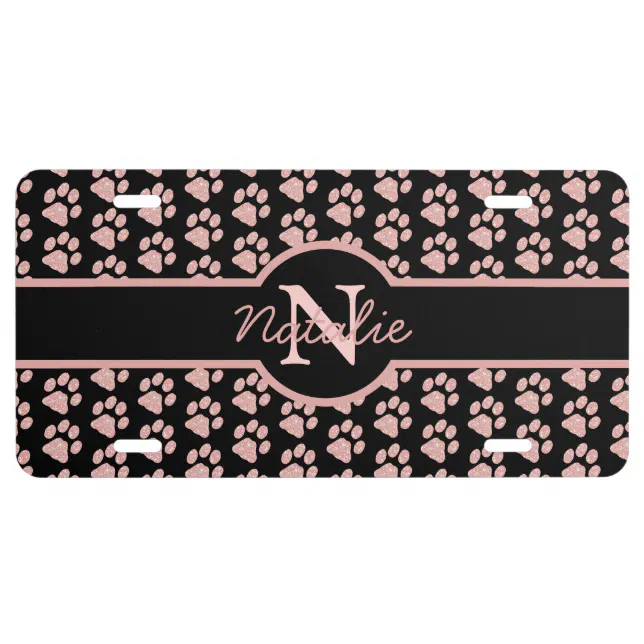 Paw Prints Glitter Rose Gold Monogram Cat Dog Mom License Plate | Zazzle