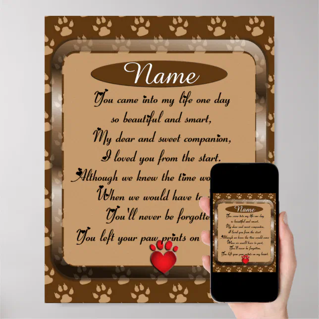 Paw Prints on My Heart Poem Pet Memorial | Zazzle