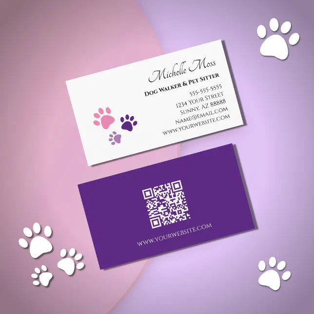 Paw Prints QR code Pet Sitter Purple Pink Business Card | Zazzle