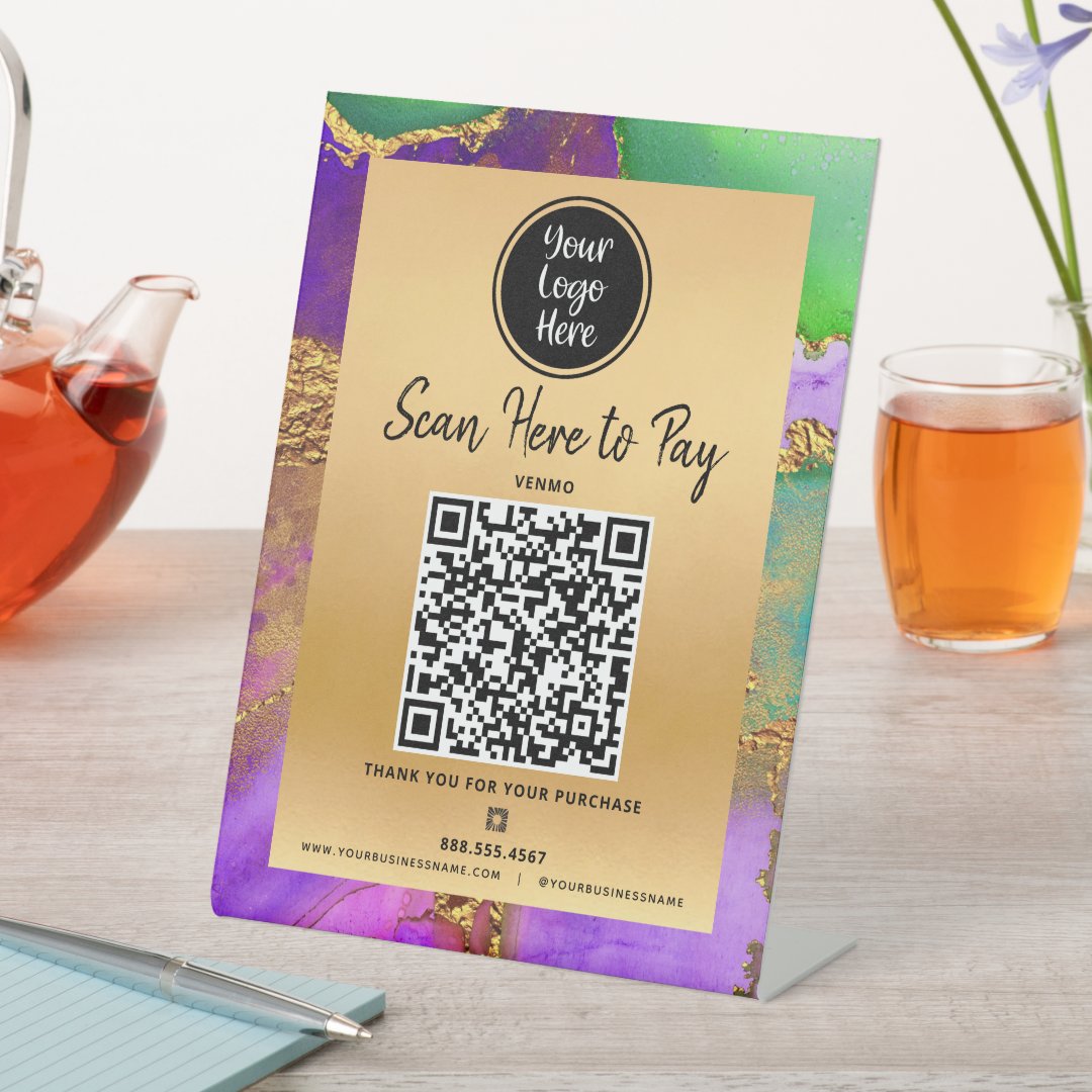 Pay Here QR Code Logo Gold Purple Green Marble Pedestal Sign | Zazzle