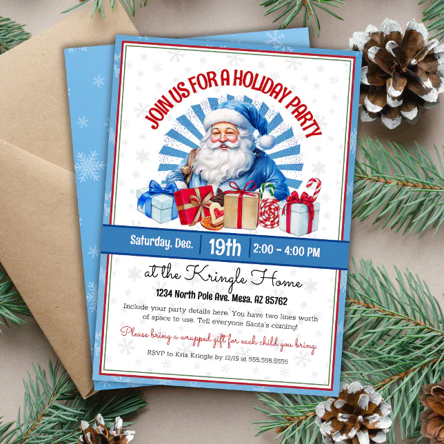 PD Blue Santa Christmas Holiday Party Invitation | Zazzle