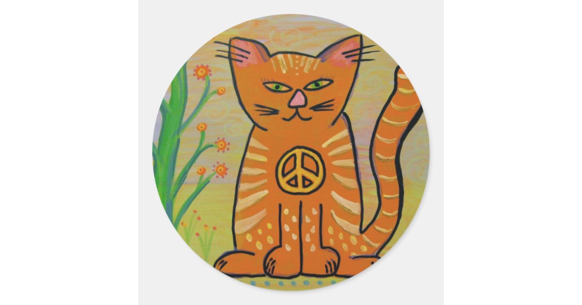 Peace Cat with Flowers Classic Round Sticker | Zazzle