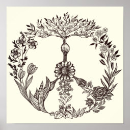 Peace Floral Drawing Cute Boho Hippie Flowers Art Poster | Zazzle