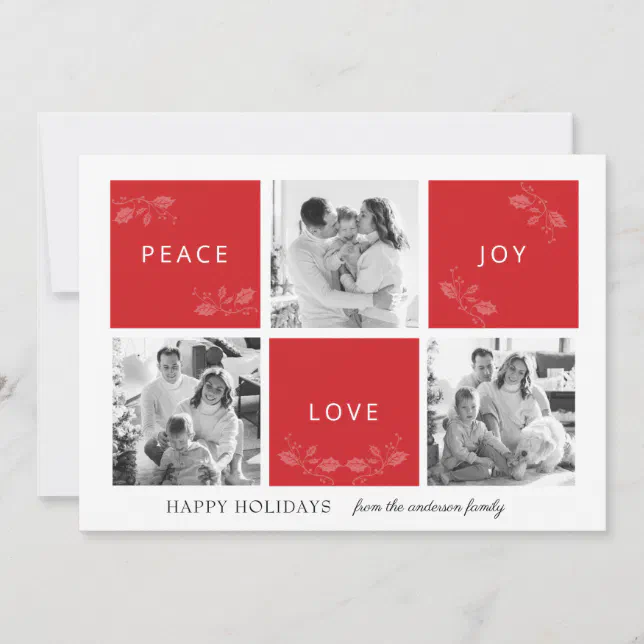 Peace Joy Love Red Photo Collage Holiday Card | Zazzle