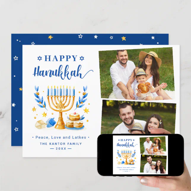 Peace Love and Latkes Happy Hanukkah 2 Photo Holiday Card | Zazzle