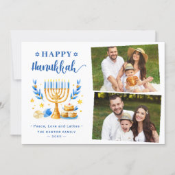 Peace Love and Latkes Happy Hanukkah 2 Photo Holiday Card | Zazzle