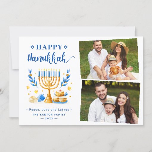 Peace Love and Latkes Happy Hanukkah 2 Photo Holiday Card | Zazzle