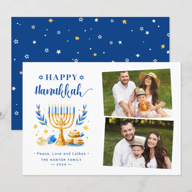 Peace Love and Latkes Happy Hanukkah 2 Photo Holiday Card | Zazzle