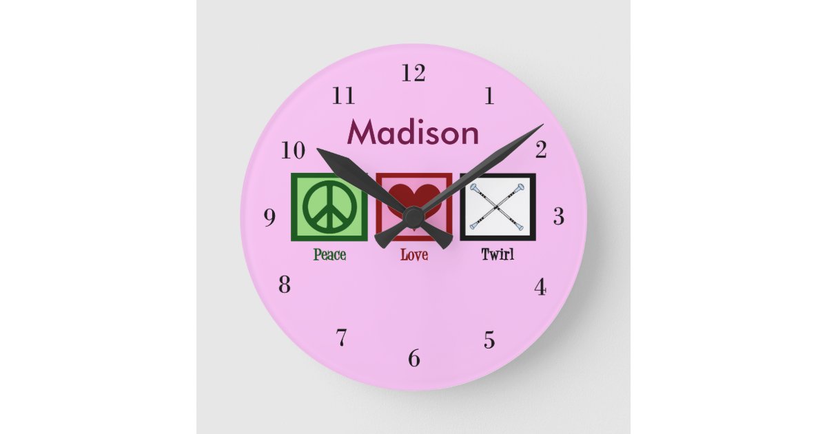 Peace Love Baton Twirling Custom Pink Round Clock | Zazzle