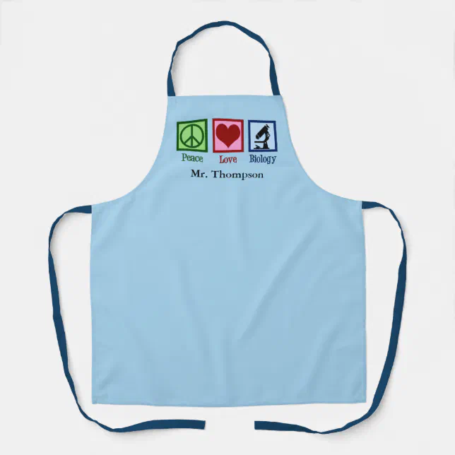 Peace Love Biology Teacher Blue Custom Science Lab Apron | Zazzle