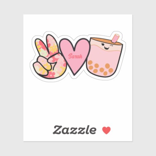 Peace Love Boba Bubble Tea Cute Custom Name Sticker | Zazzle
