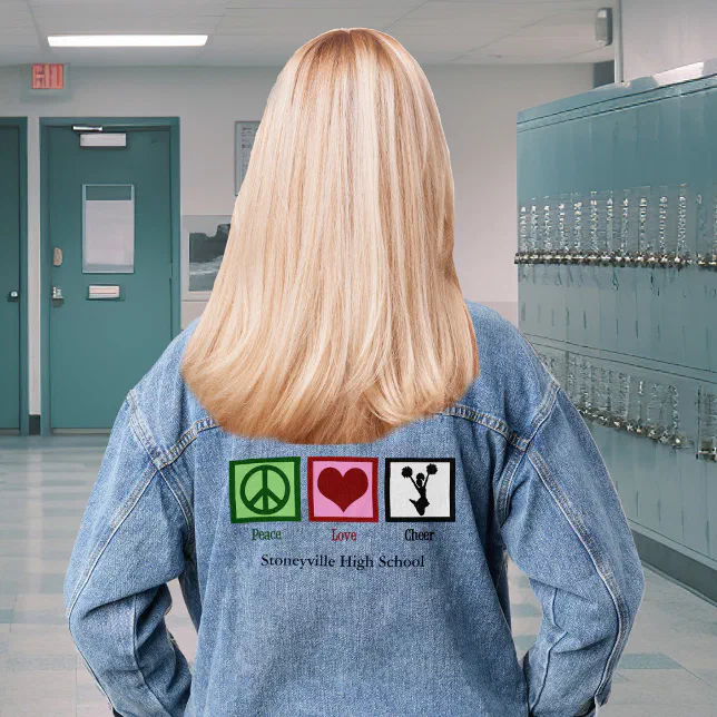 Peace Love Cheer Cute Custom Cheerleader Denim Jacket | Zazzle