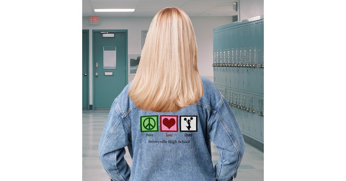 Peace Love Cheer Cute Custom Cheerleader Denim Jacket | Zazzle