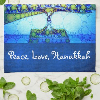Peace Love Hanukkah Script Blue Green Menorah Kitchen Towel | Zazzle