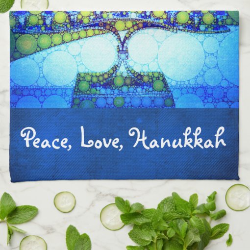 Peace Love Hanukkah Script Blue Green Menorah Kitchen Towel | Zazzle