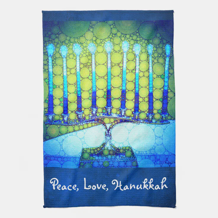 Peace Love Hanukkah Script Blue Green Menorah Kitchen Towel | Zazzle