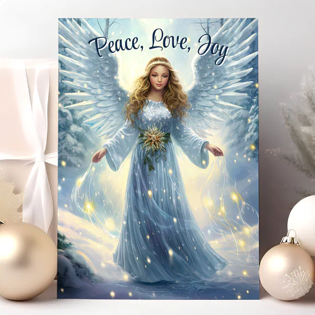Peace Love Joy Elegant Angel Christmas Holiday Card | Zazzle