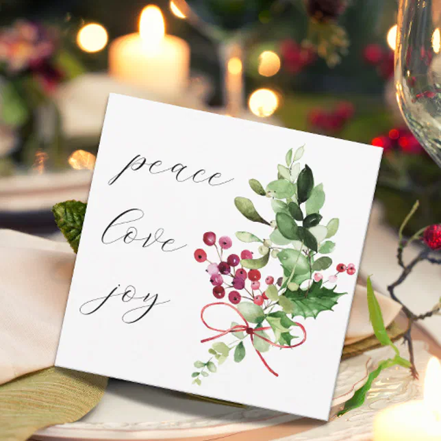 Peace Love Joy Holly Berry Red Holiday Card | Zazzle