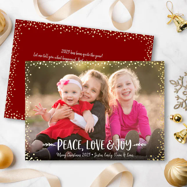 Peace Love Joy Script Christmas Photo Real Gold Foil Holiday Card | Zazzle