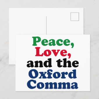 Peace Love Oxford Comma English Grammar Humor Postcard | Zazzle