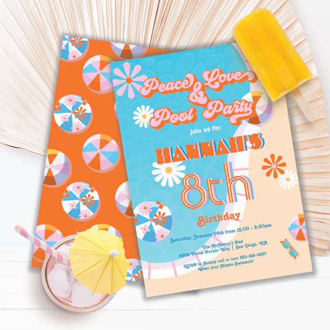 Peace Love & Pool Party Birthday Hippie Invitation | Zazzle