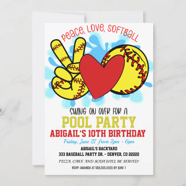 Peace Love Softball Pool Party Invitation | Zazzle