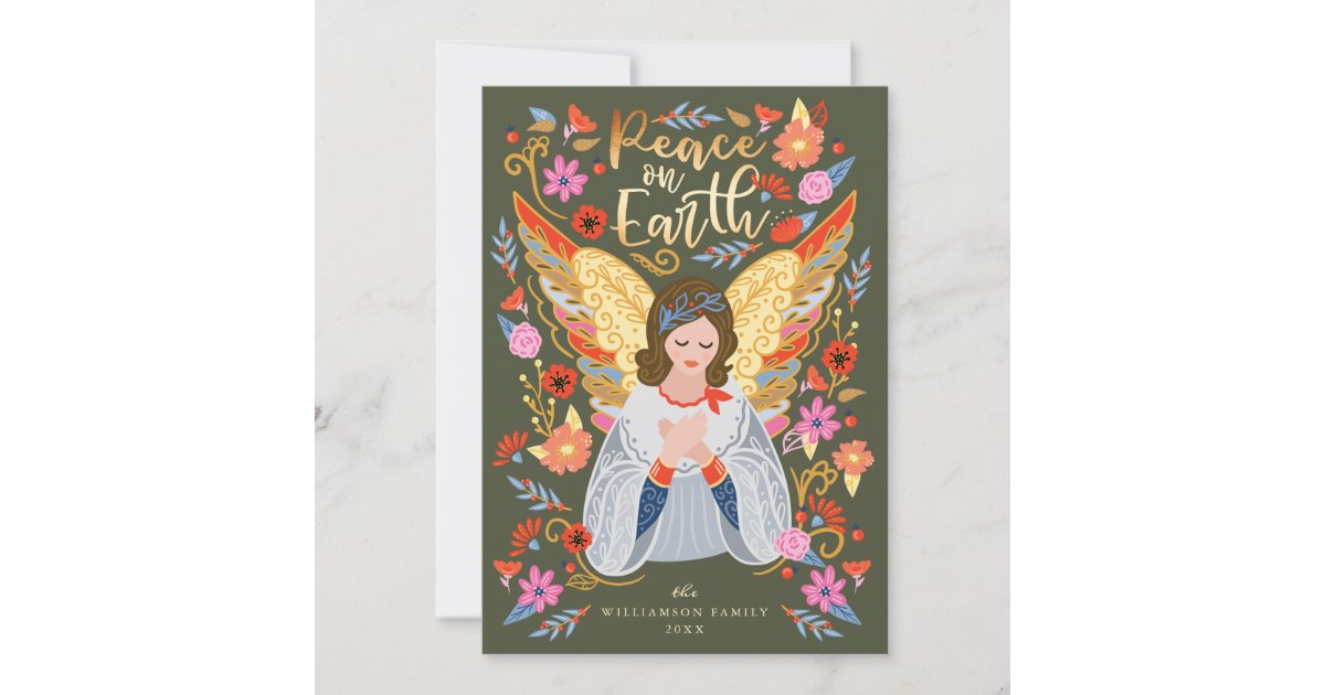 Peace on Earth Angel Floral Folk Art Earthy Green Holiday Card | Zazzle