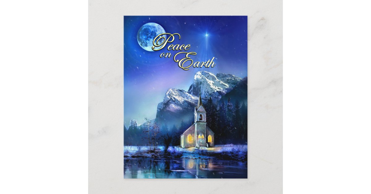 Peace on Earth Christmas Star & Church Postcard | Zazzle
