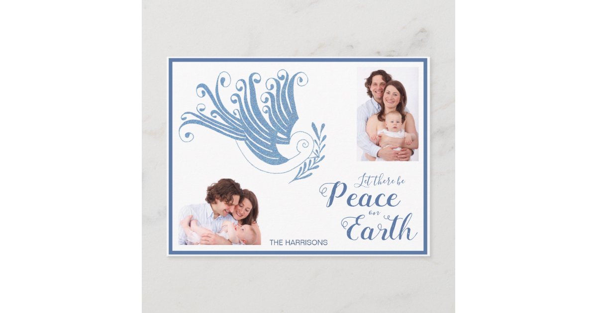 Peace on Earth Dove Christmas Photo Blue Holiday Postcard | Zazzle