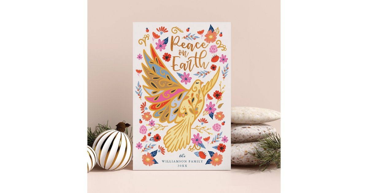 Peace on Earth Dove Floral Folk Art White Holiday Card | Zazzle