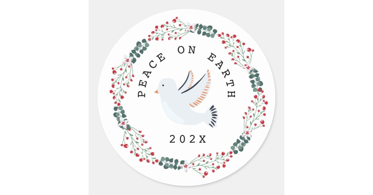 Peace on Earth Dove Modern Botanical Wreath Classic Round Sticker | Zazzle