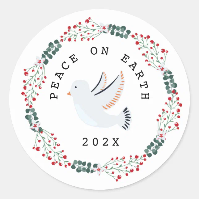 Peace on Earth Dove Modern Botanical Wreath Classic Round Sticker | Zazzle