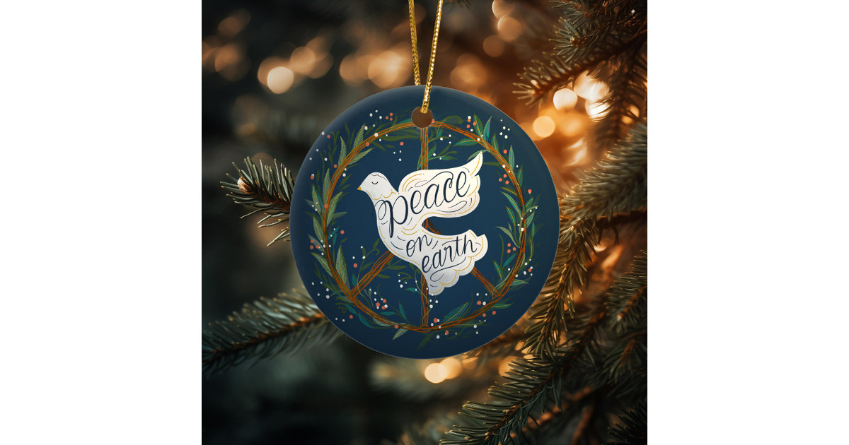 Peace on Earth Dove Peace Sign Wreath Photo Ceramic Ornament | Zazzle