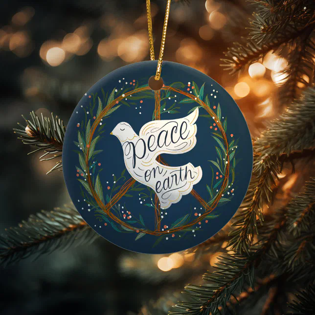 Peace on Earth Dove Peace Sign Wreath Photo Ceramic Ornament | Zazzle