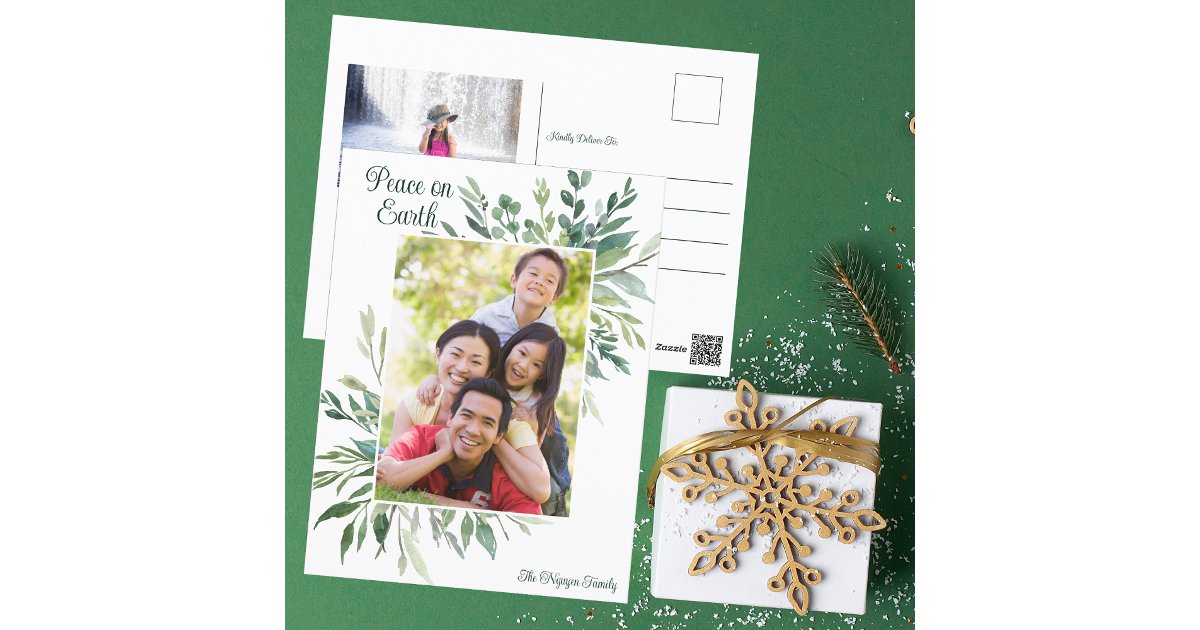 Peace on Earth Elegant Botanical Greenery Photo Postcard | Zazzle